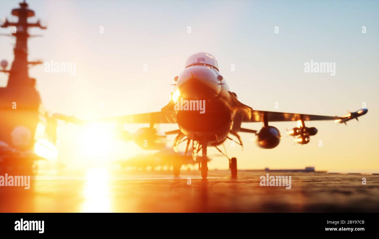 Jet f16, fighter on aircraft carrier in sea, ocean . War and weapon ...