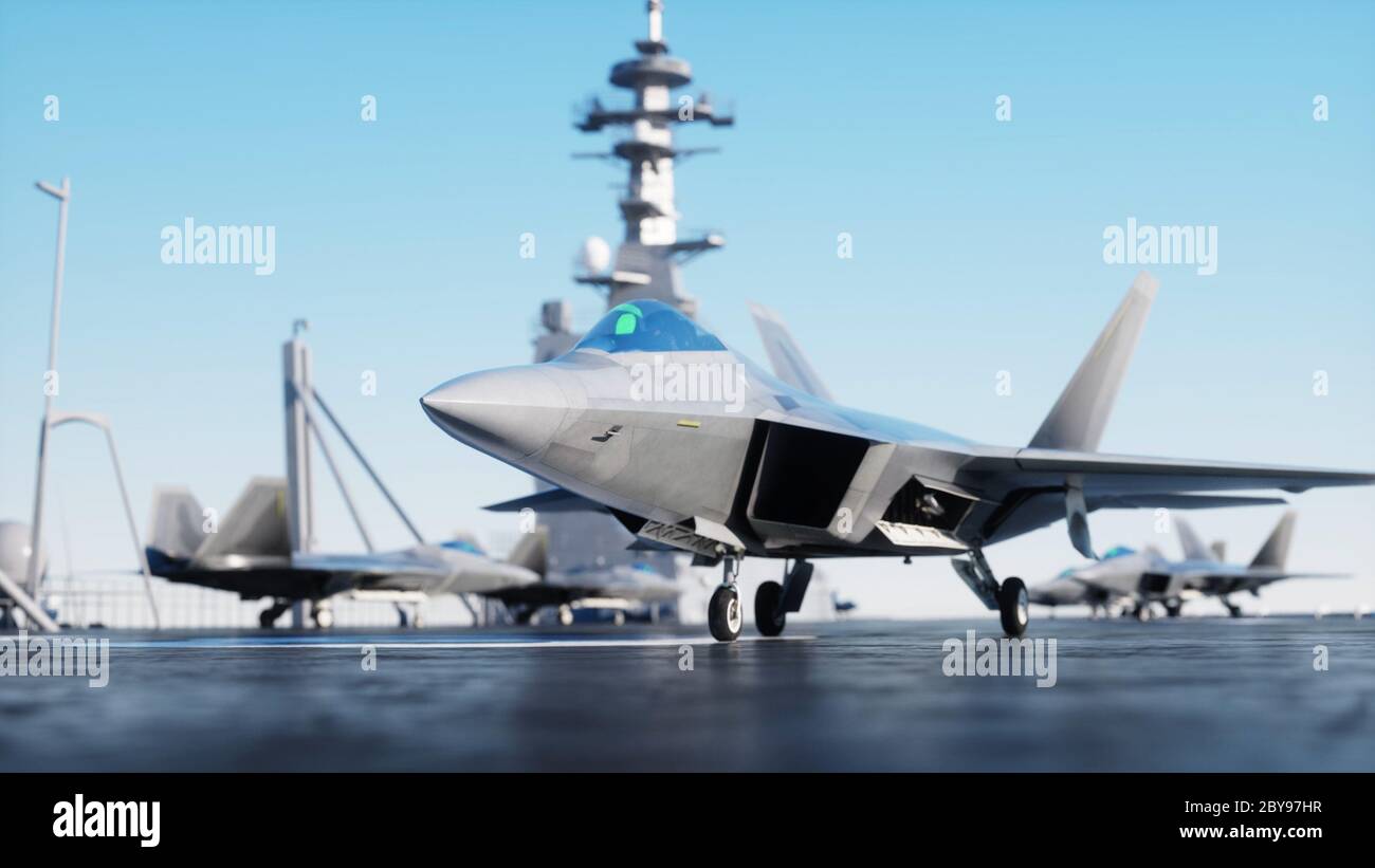 Jet f22, fighter on aircraft carrier in sea, ocean . War and weapon ...