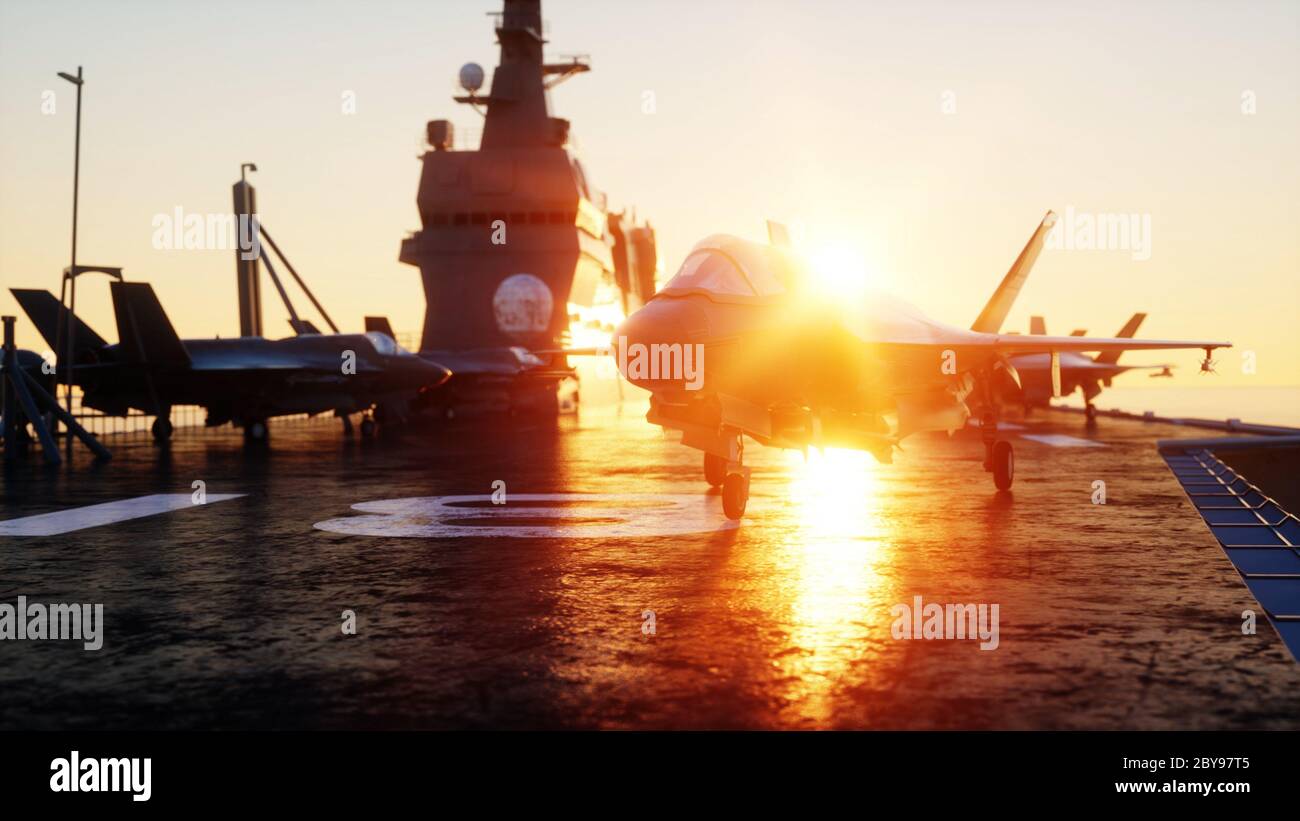 Jet , fighter on aircraft carrier in sea, ocean . War and weapon ...