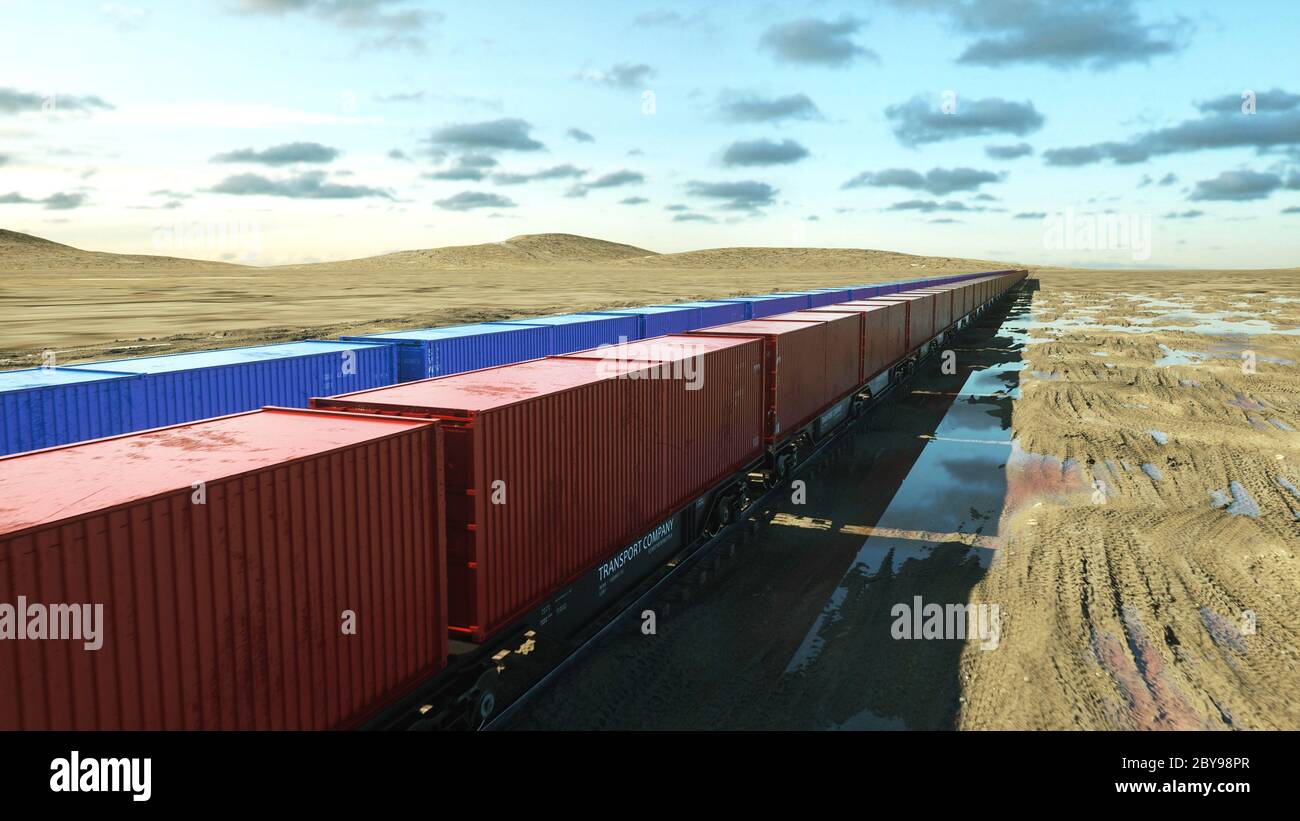 Freight train with cargo containers. Logystic concept. 3d rendering ...