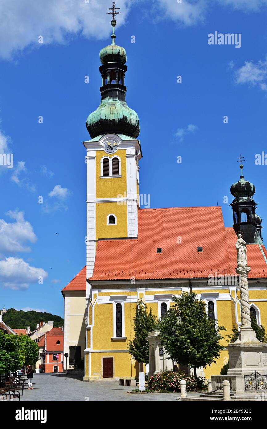 Saint Emeric church and Holy Mary Column in Koszeg, Hungary Stock Photo ...