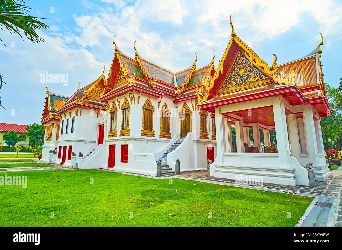 Ornate building of Four Princess Pavilion with gable roof, decorated ...