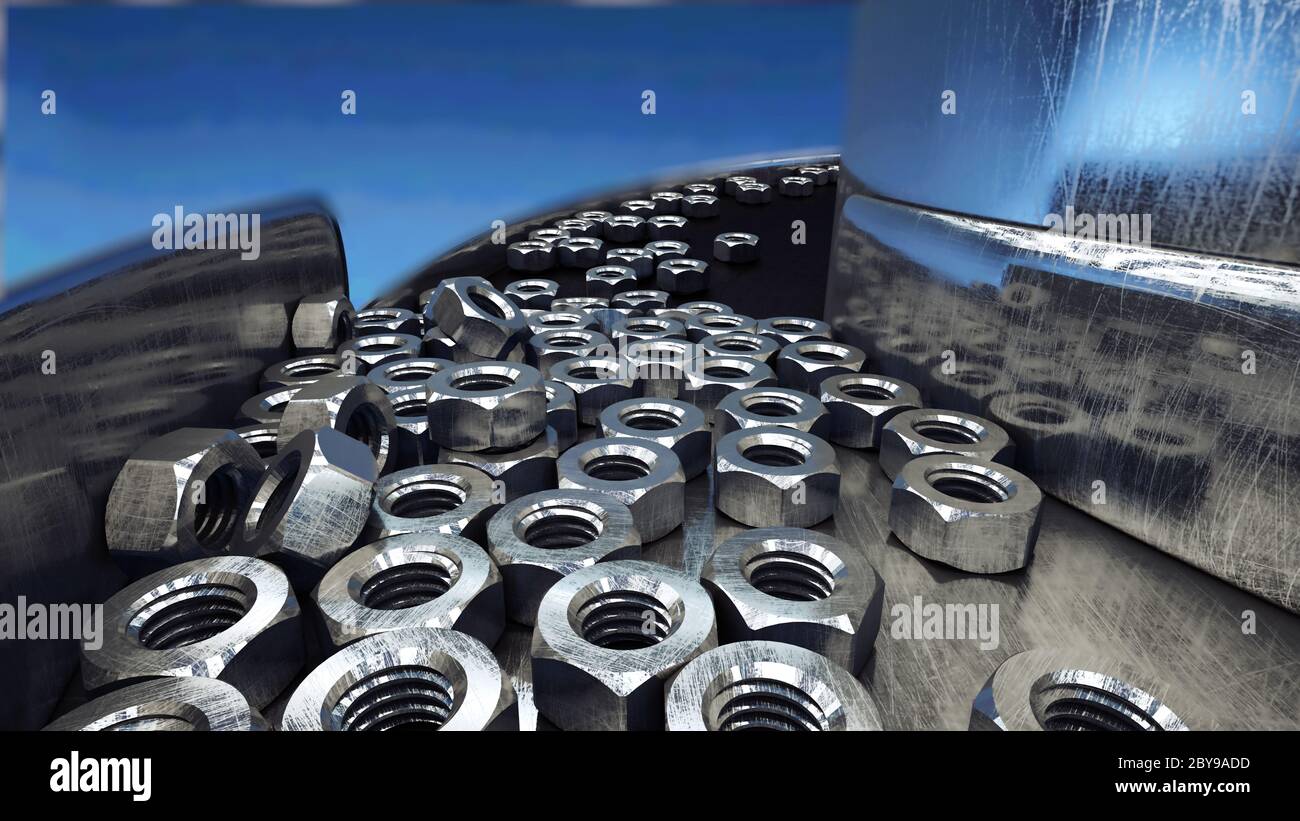 Process of production of nuts, screws. Industrial concept. Factory ...