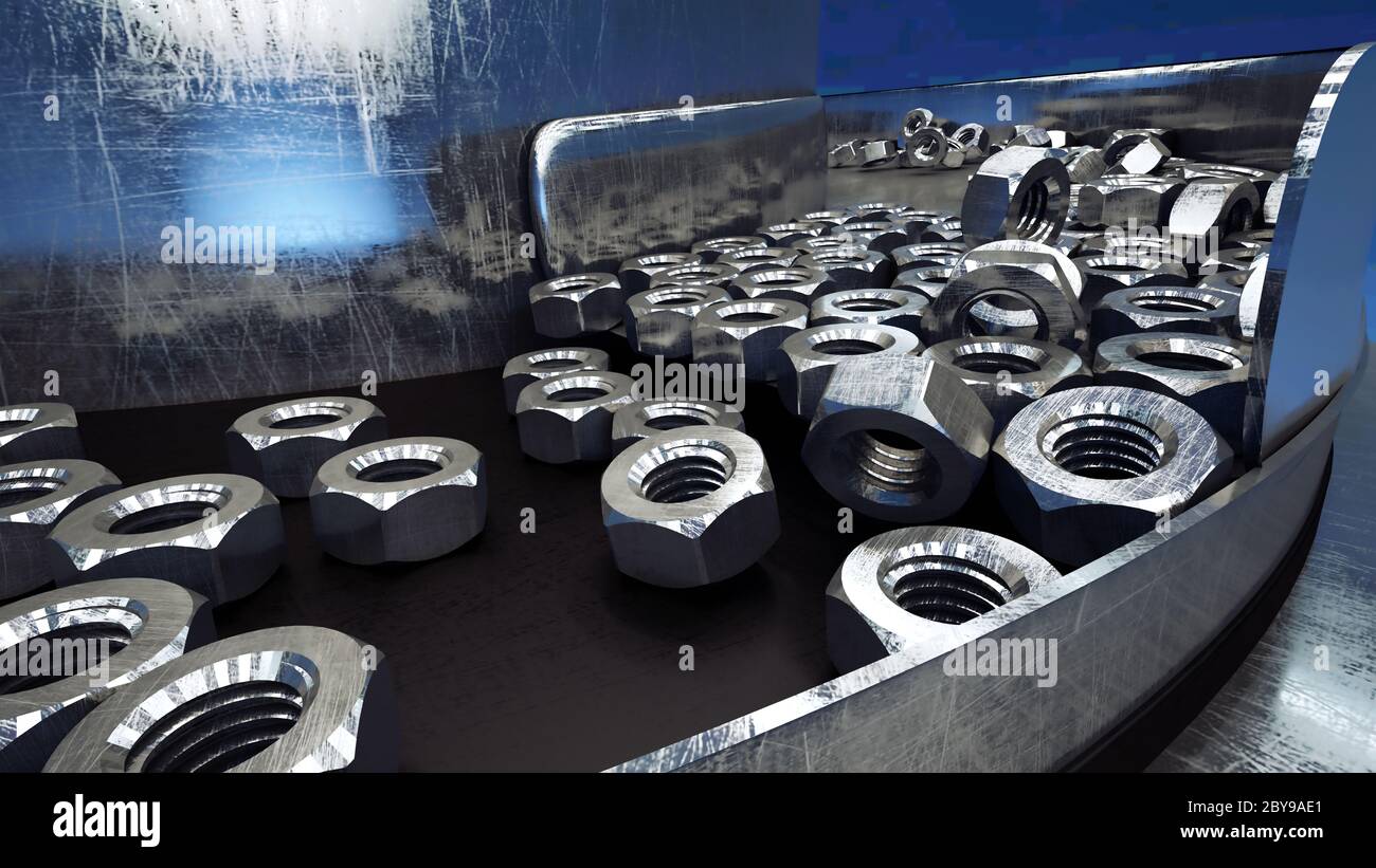 Process of production of nuts, screws. Industrial concept. Factory ...