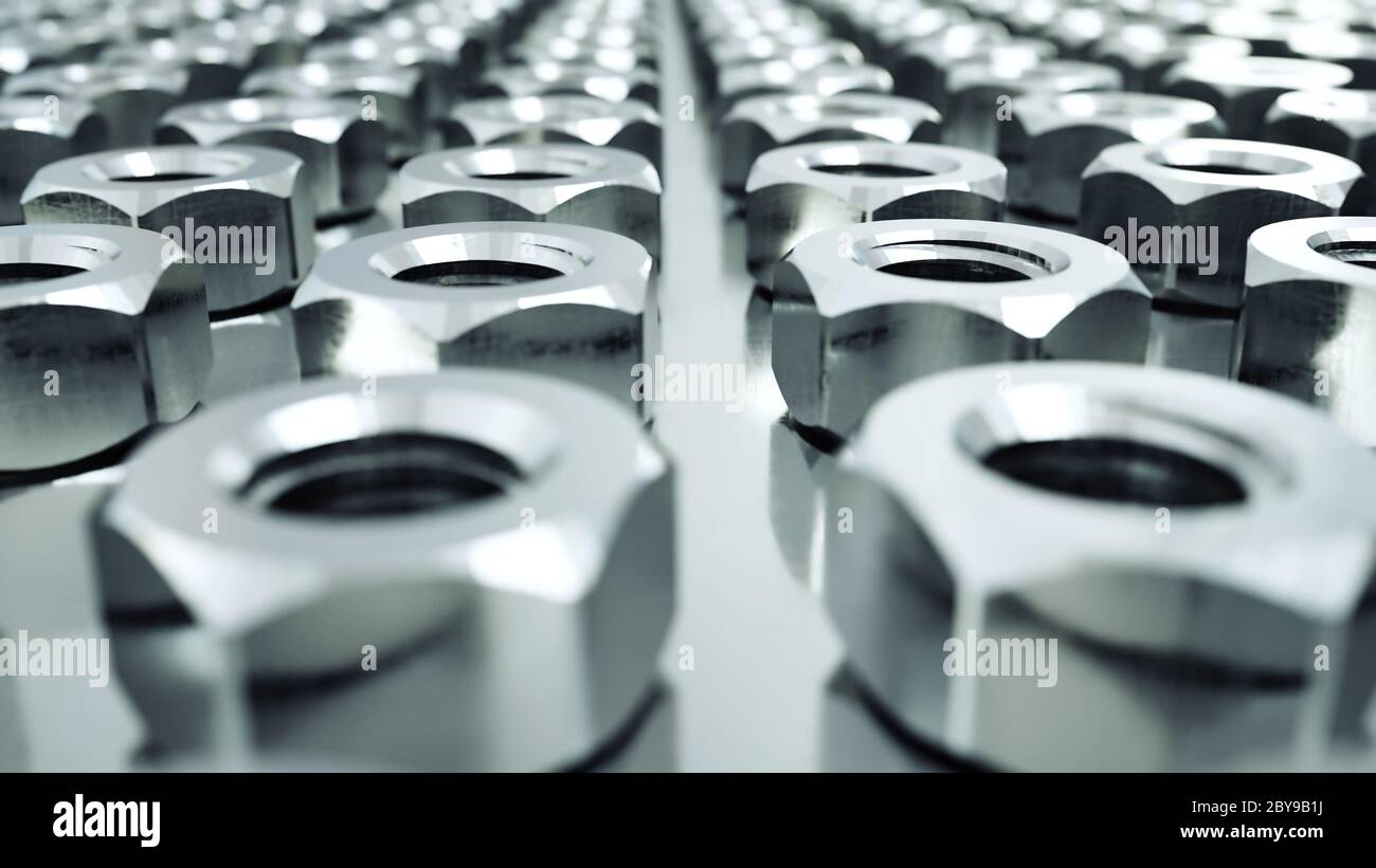 Process of production of nuts, screws. Industrial concept. Factory ...