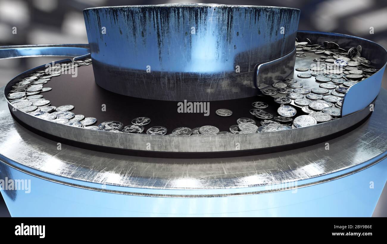 Process of production of coins, 25 cents. Industrial concept. Factory ...