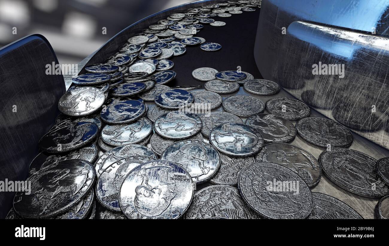 Process of production of coins, 25 cents. Industrial concept. Factory ...