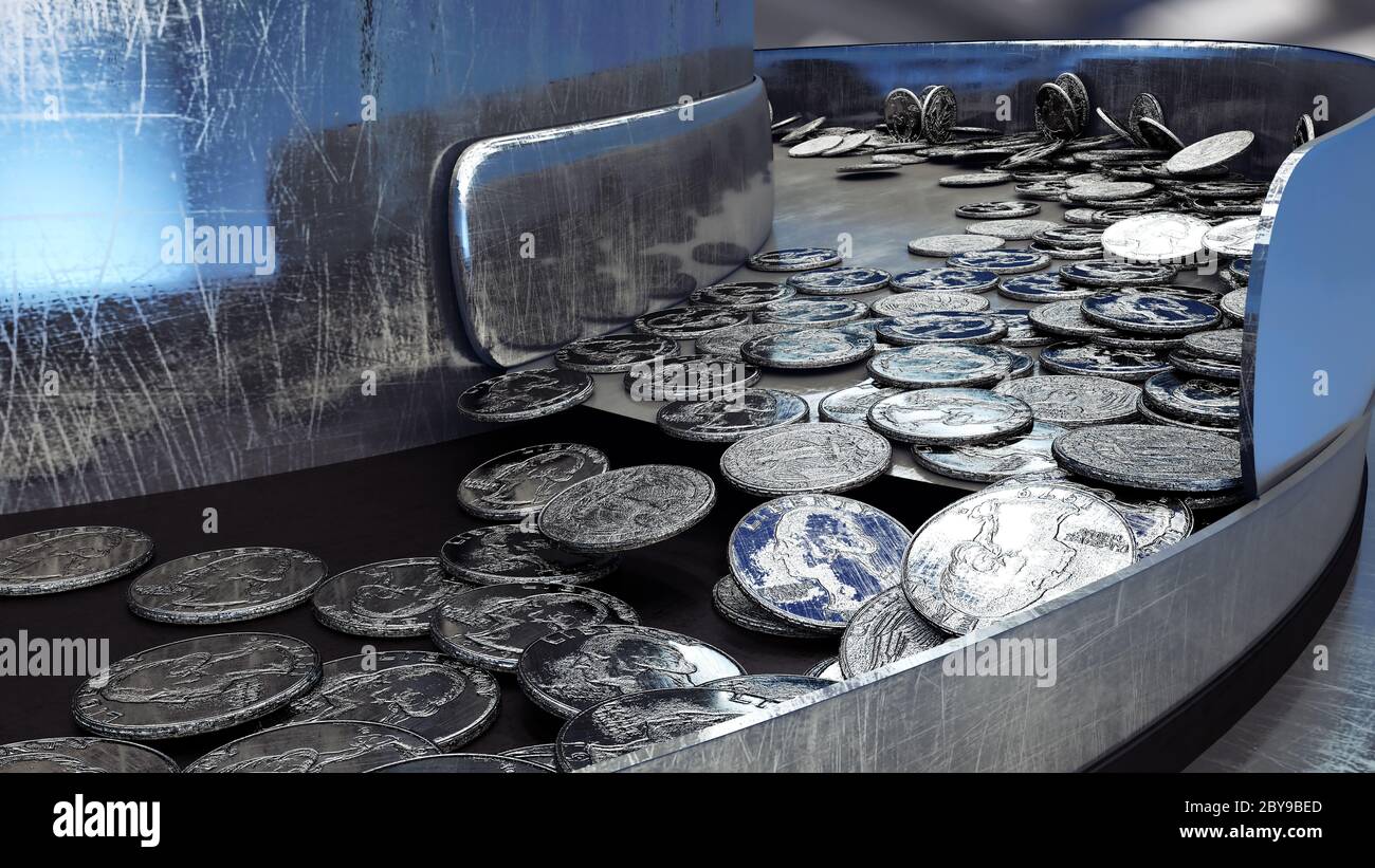 Process of production of coins, 25 cents. Industrial concept. Factory ...