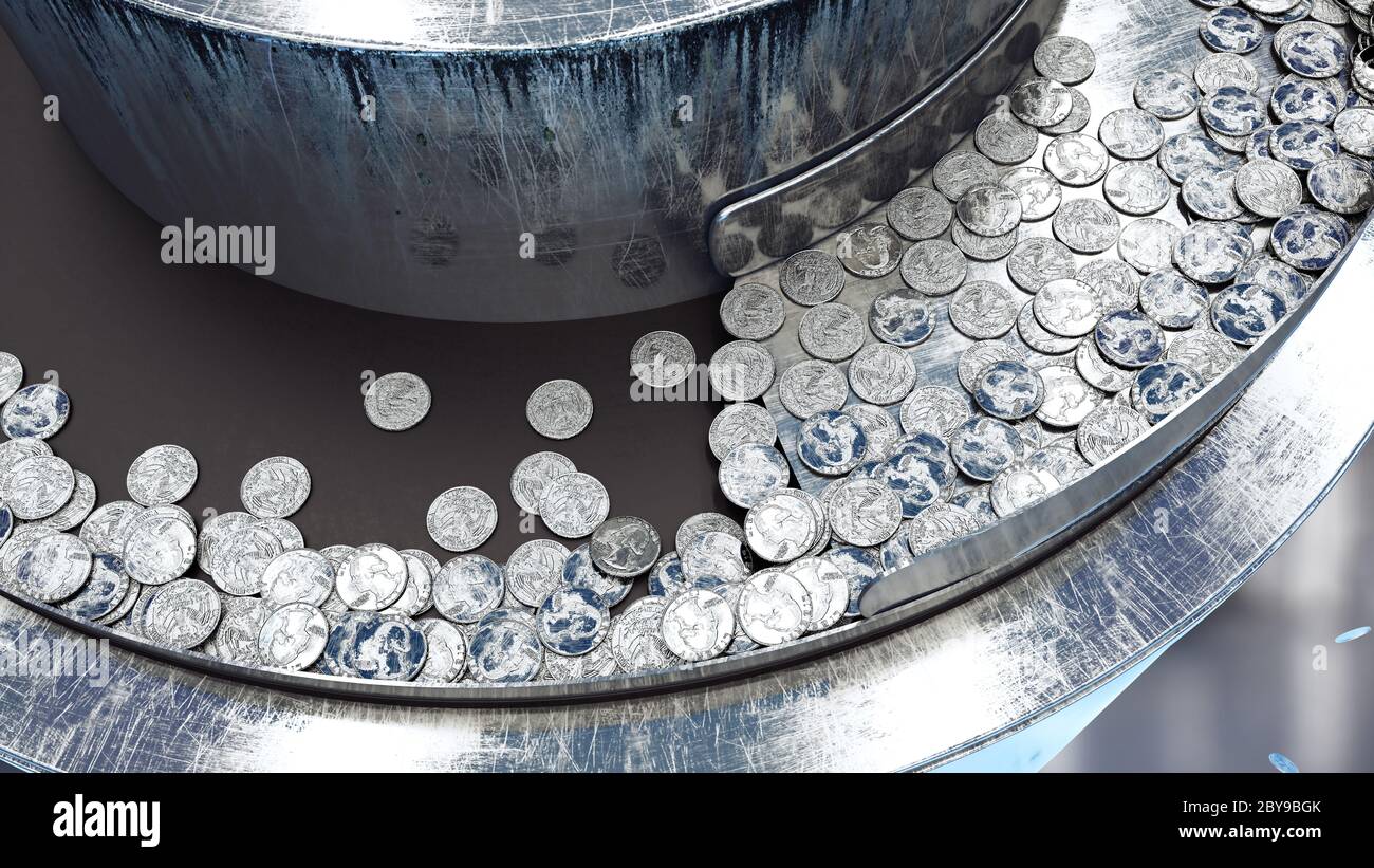 Process of production of coins, 25 cents. Industrial concept. Factory ...