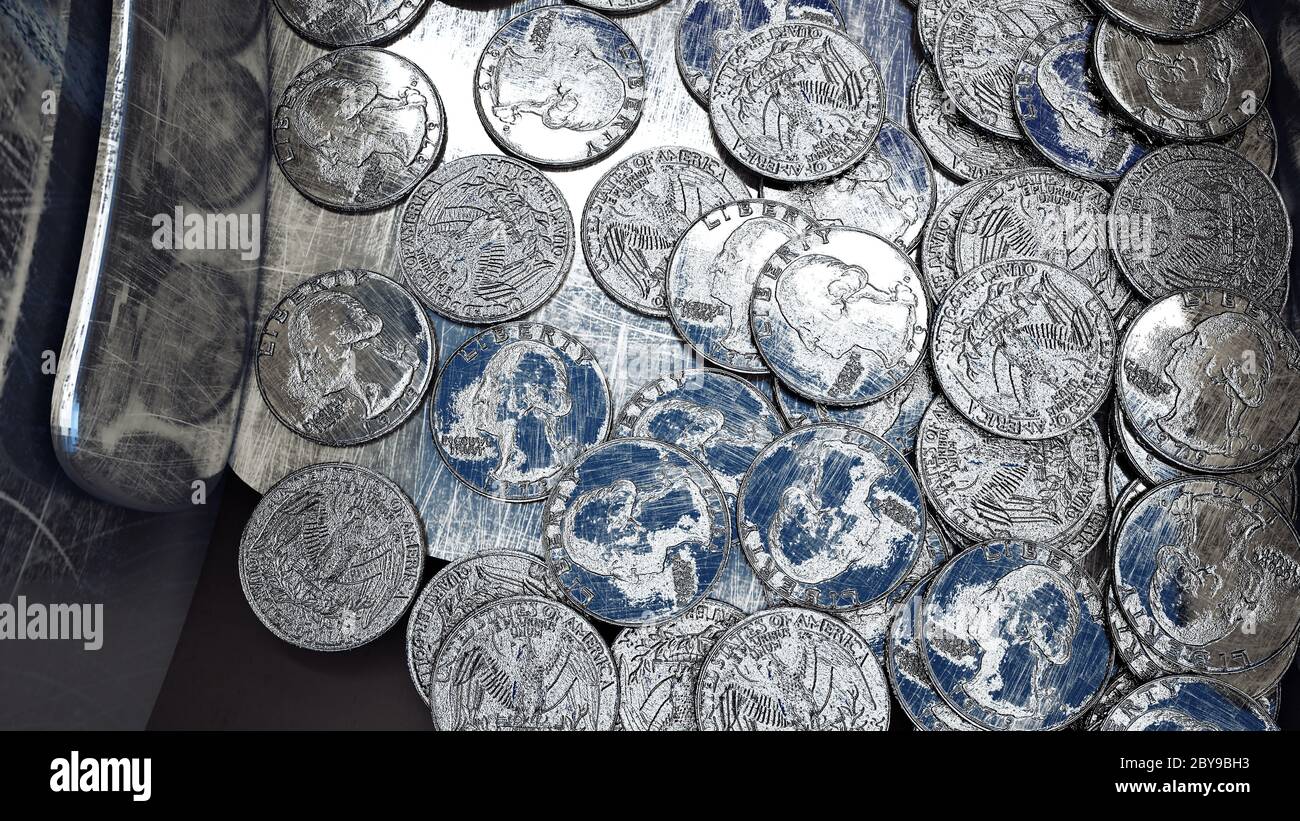 Process of production of coins, 25 cents. Industrial concept. Factory ...