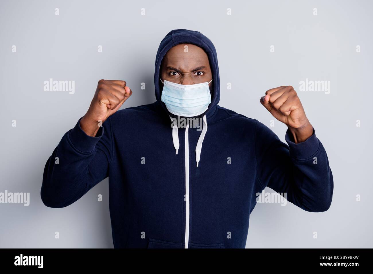 Photo of angry activist dark skin african protester stand against ...