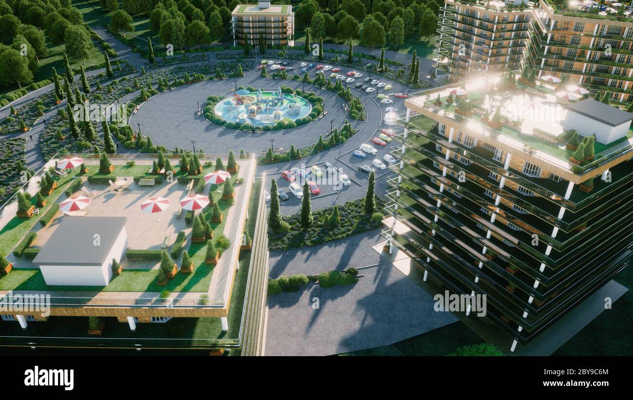 City, town architectural 3d visualization. Aerial view. 3d rendering ...