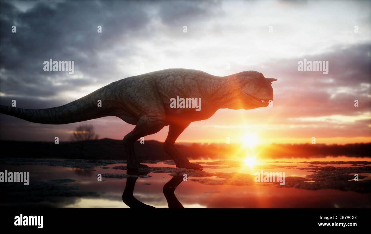 Dinosaur. Prehistoric period, rocky landscape. Wonderfull sunrise. 3d ...