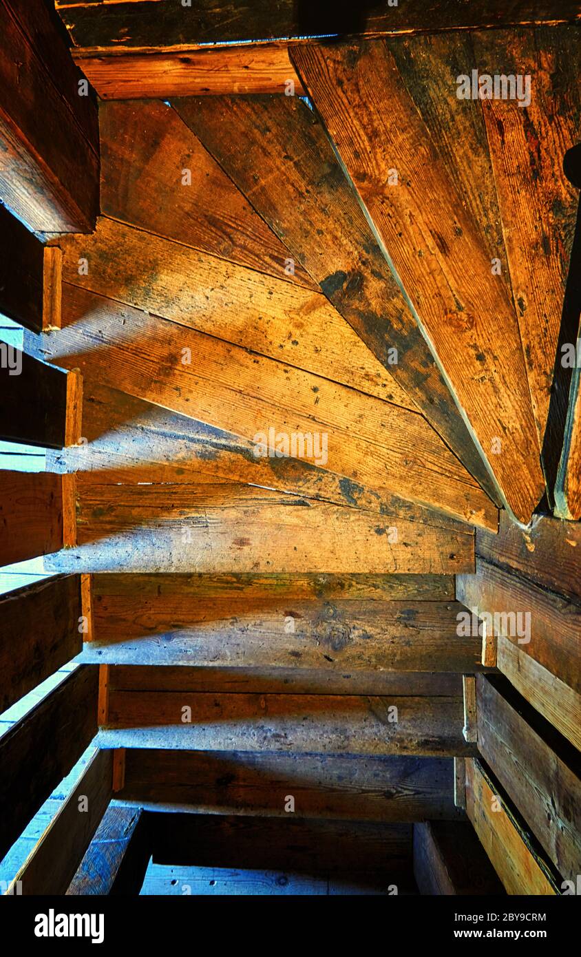 Handmade wooden staircase from above with translucent light Stock Photo ...