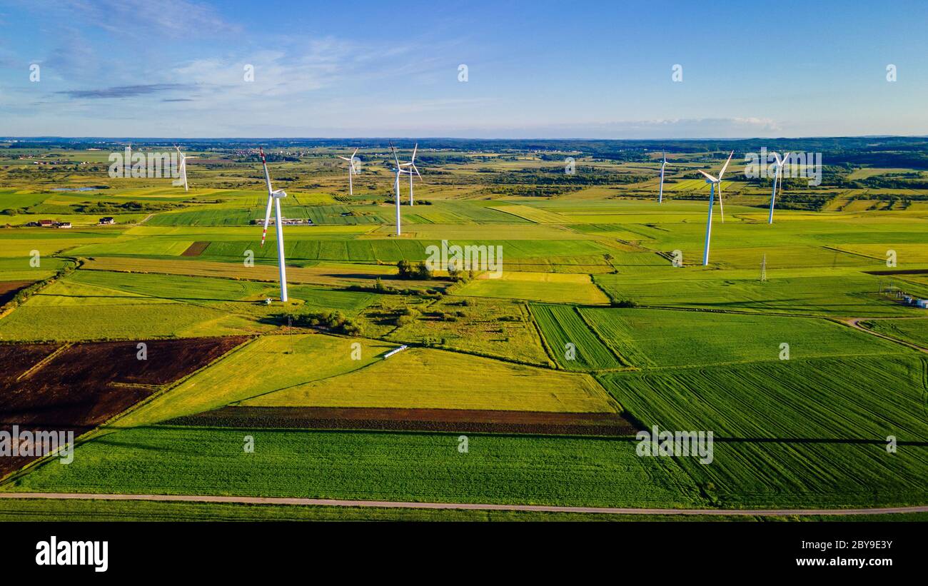 Aerial view of a wind farm on the field Stock Photo - Alamy