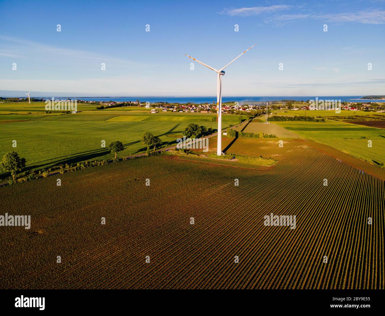 Aerial view of a wind farm on the field Stock Photo - Alamy