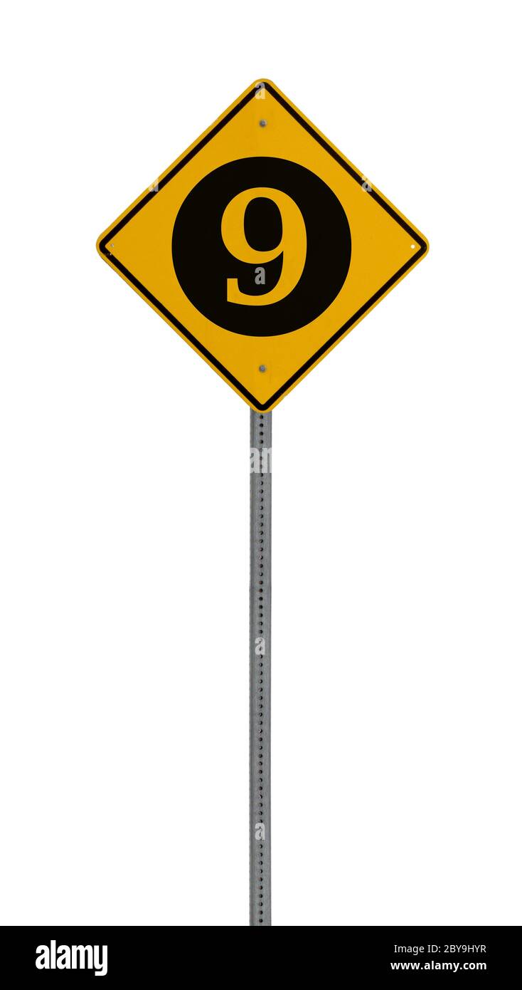 Isolated Yellow driving warning sign nine Stock Photo - Alamy