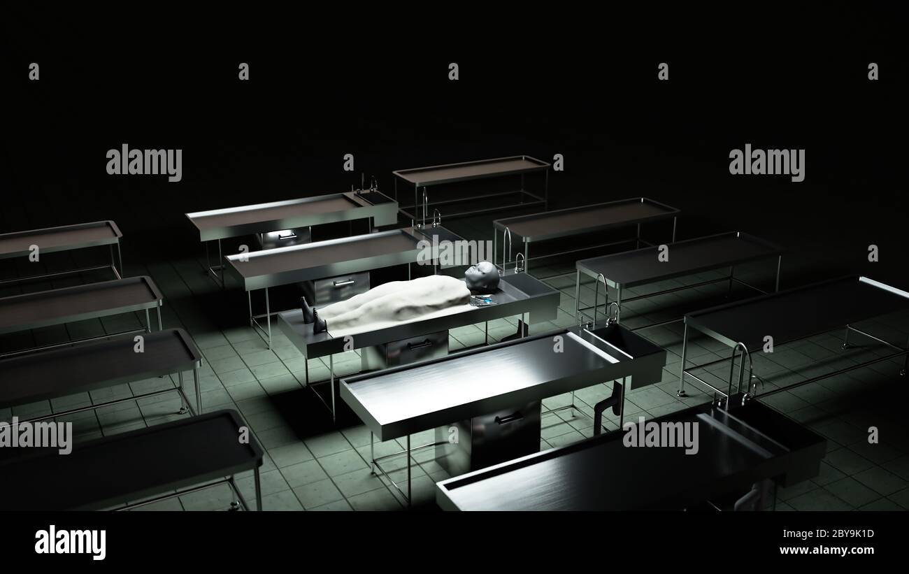 The dead alien in the morgue on the table. Futuristic autopsy concept ...