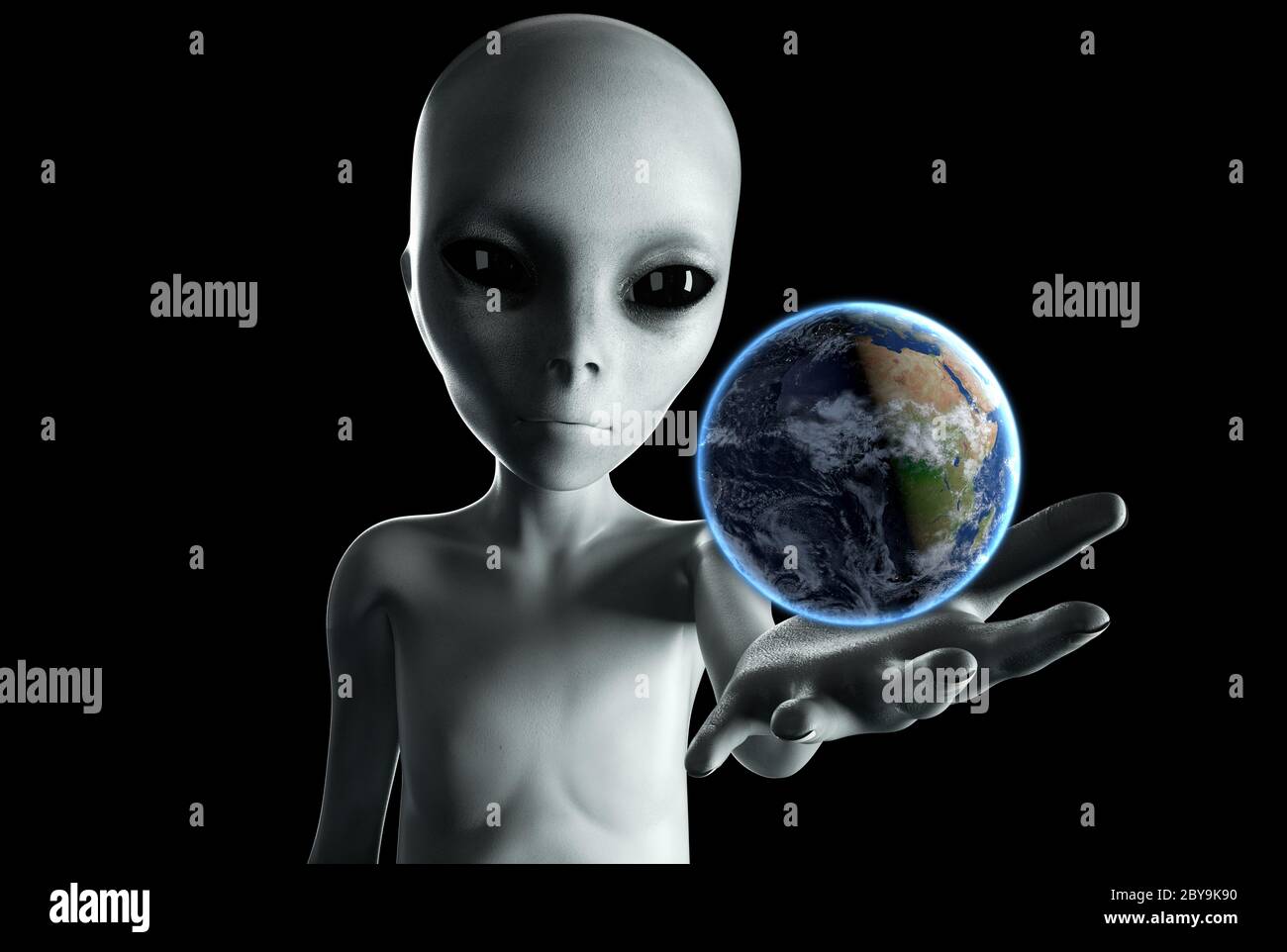 Alien hand reaching out with Earth planet. UFO futuristic concept. 3d ...