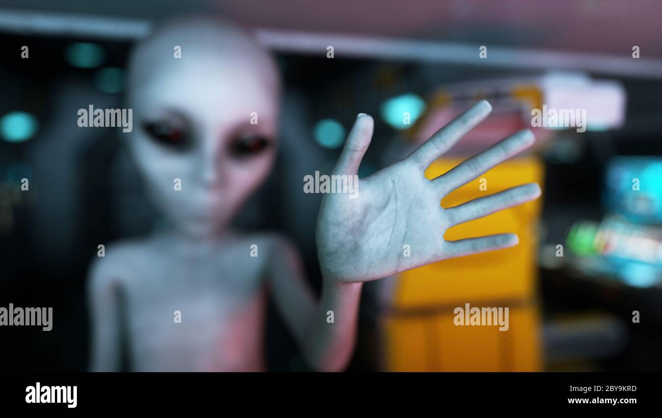 Alien in space ship. hand reaching out with Earth planet. UFO ...