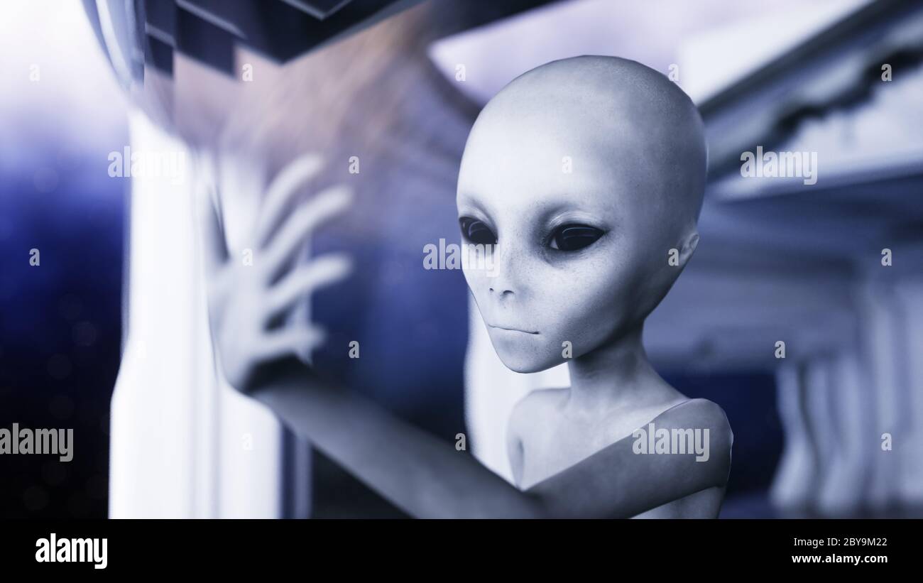 Alien in futuristic room. hand reaching out with Earth planet. UFO ...