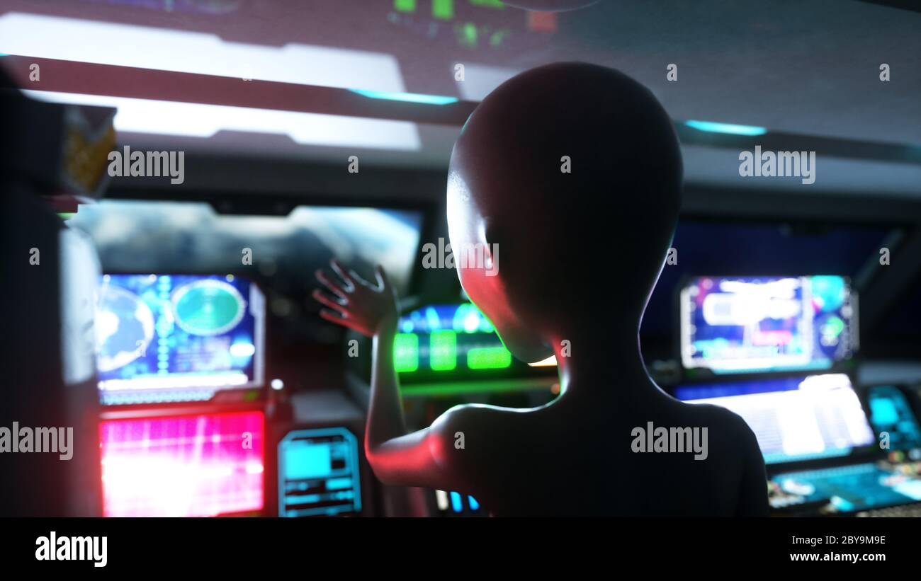 Alien in space ship. hand reaching out with Earth planet. UFO ...