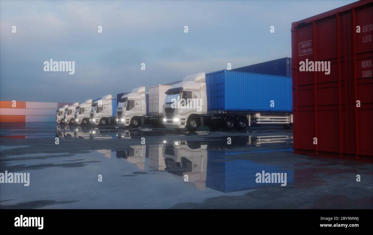 Truck in container depot, wharehouse, seaport. Cargo containers ...