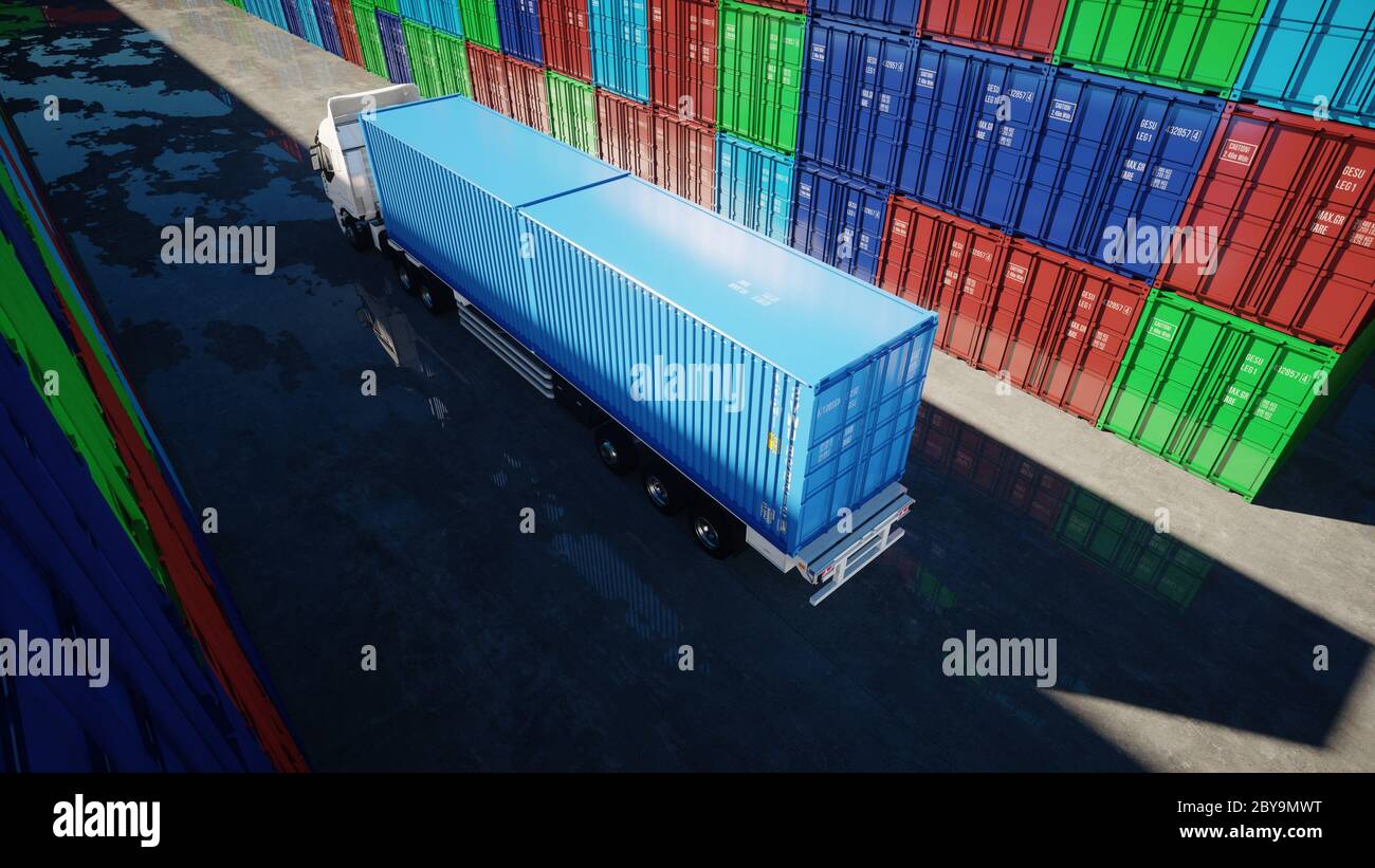 Truck in container depot, wharehouse, seaport. Cargo containers ...