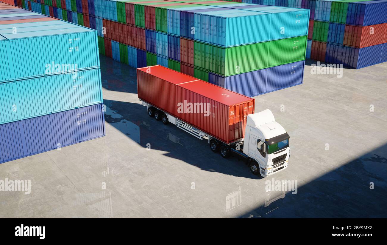 Truck in container depot, wharehouse, seaport. Cargo containers ...