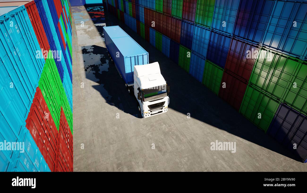 Truck in container depot, wharehouse, seaport. Cargo containers ...