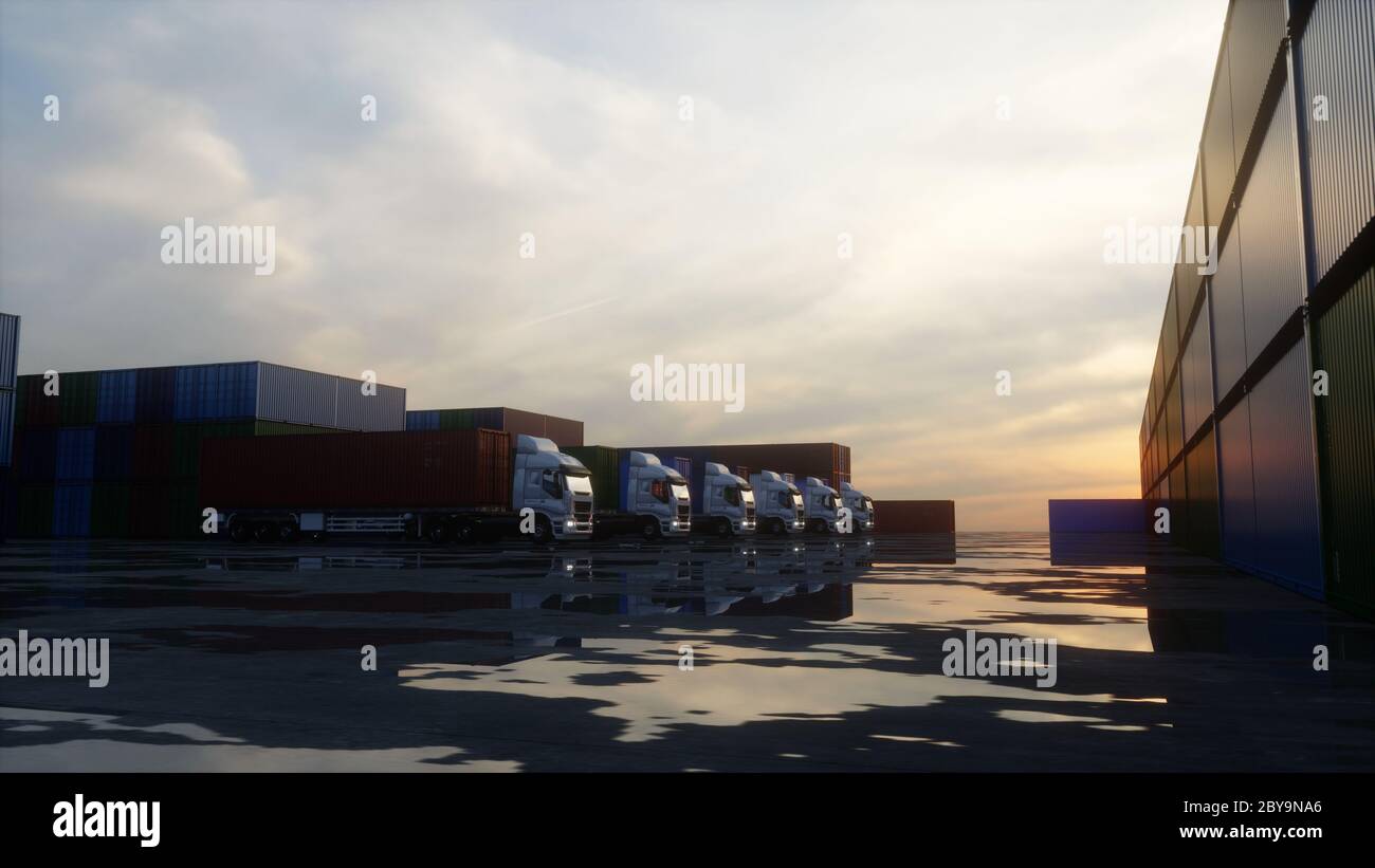 Truck in container depot, wharehouse, seaport. Cargo containers ...