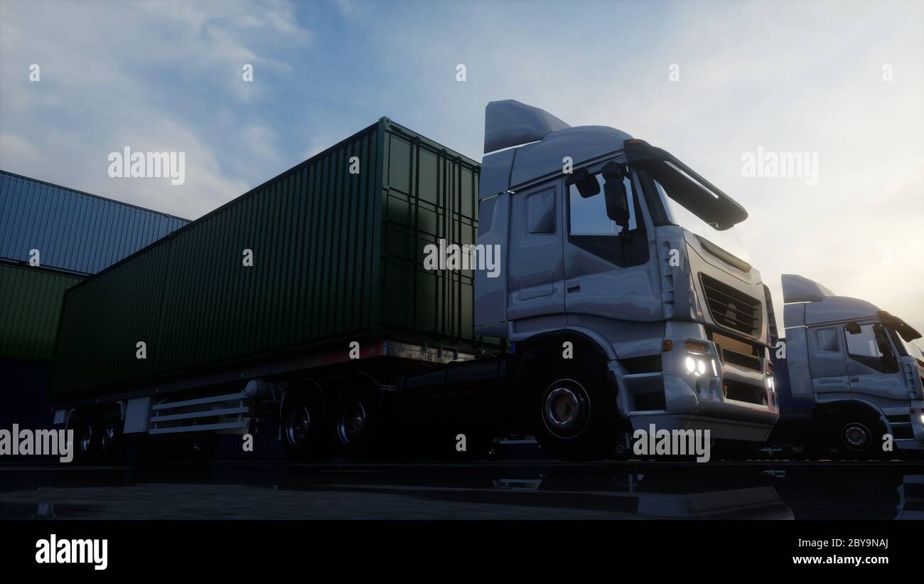 Truck in container depot, wharehouse, seaport. Cargo containers ...