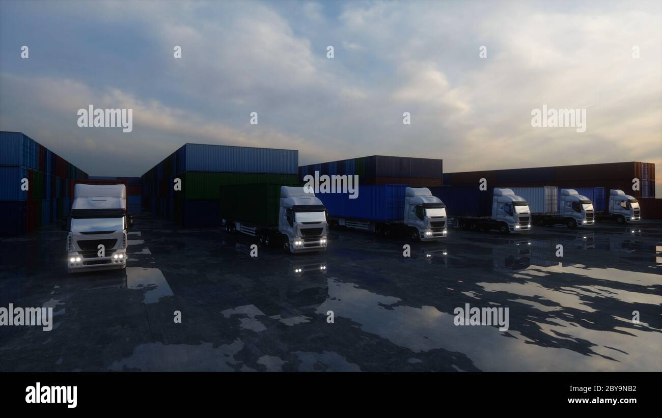 Truck in container depot, wharehouse, seaport. Cargo containers ...