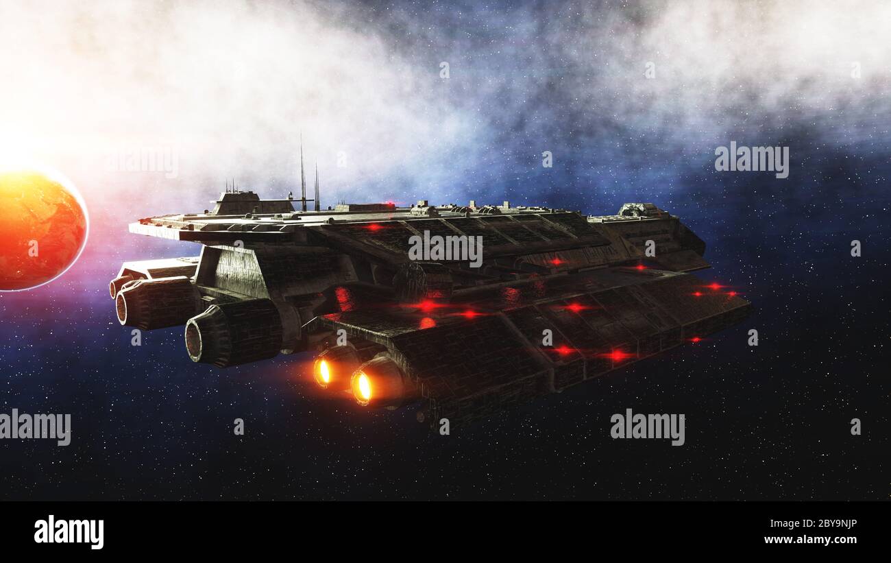 Futuristic space ship in space. Earth planet wonderfull view. realistic ...