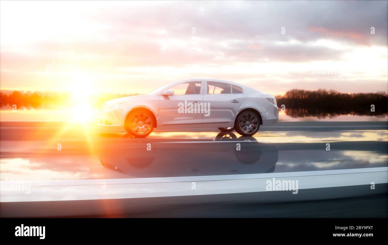Luxury white car on highway, road. Very fast driving. Wonderfull sunset ...