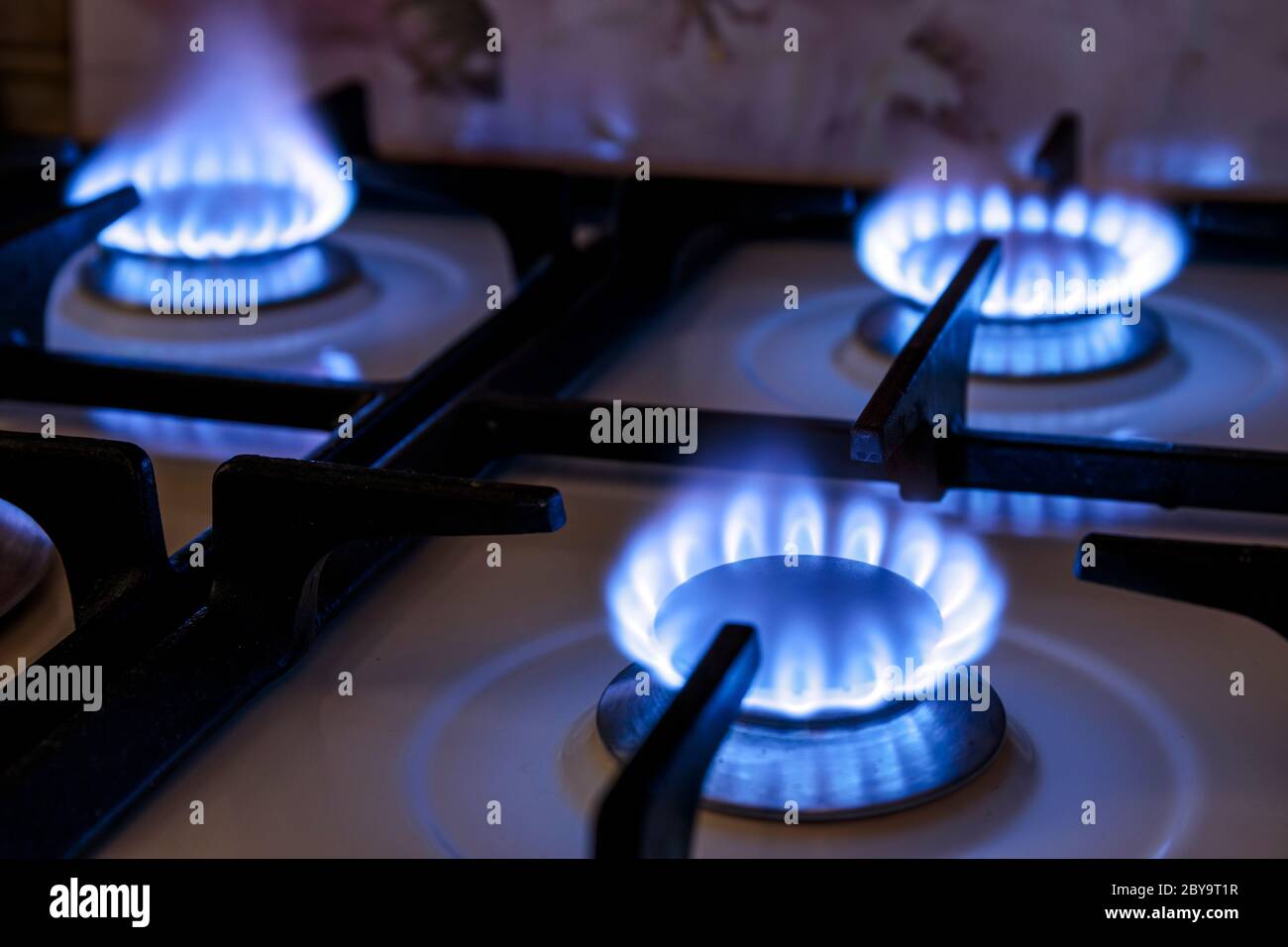 Burning blue flames gas. Focus on the front edge of the gas burners ...