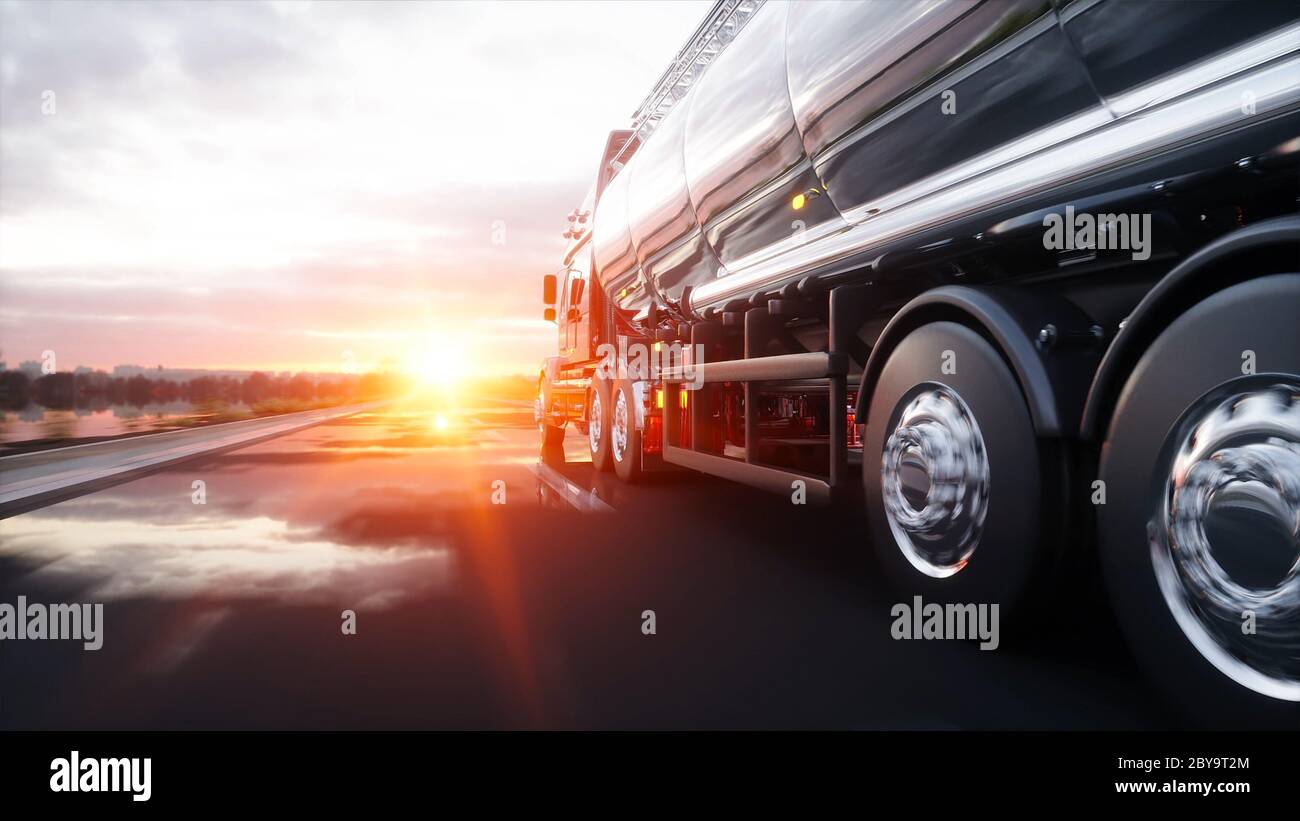 Gasoline tanker, Oil trailer, truck on highway. Very fast driving. 3d ...