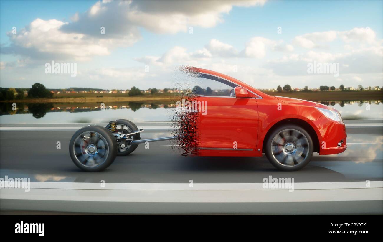 Red car chassis with engine on highway. Transition with particles. Very ...