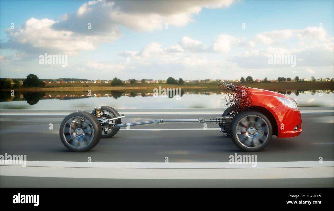 Red car chassis with engine on highway. Transition with particles. Very ...