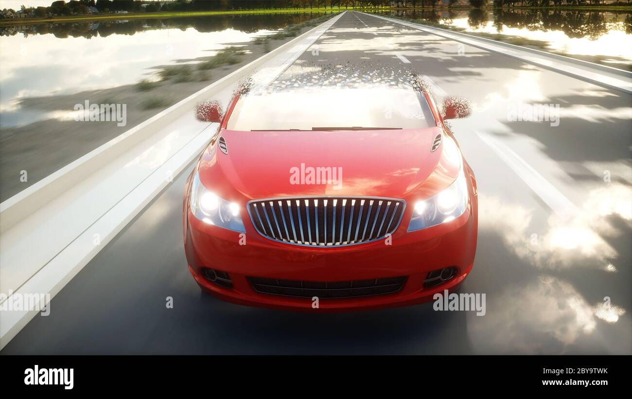 Red car chassis with engine on highway. Transition with particles. Very ...