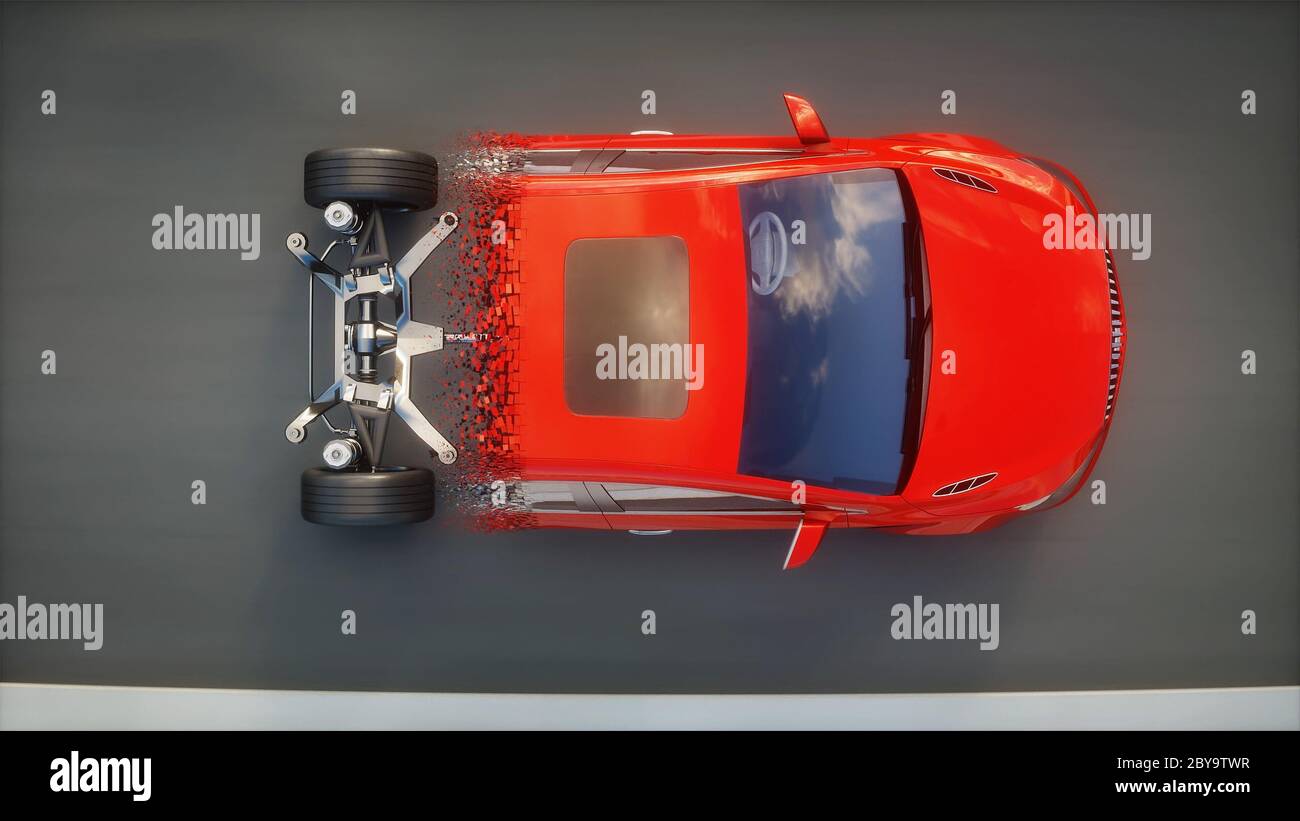 Red car chassis with engine on highway. Transition with particles. Very ...