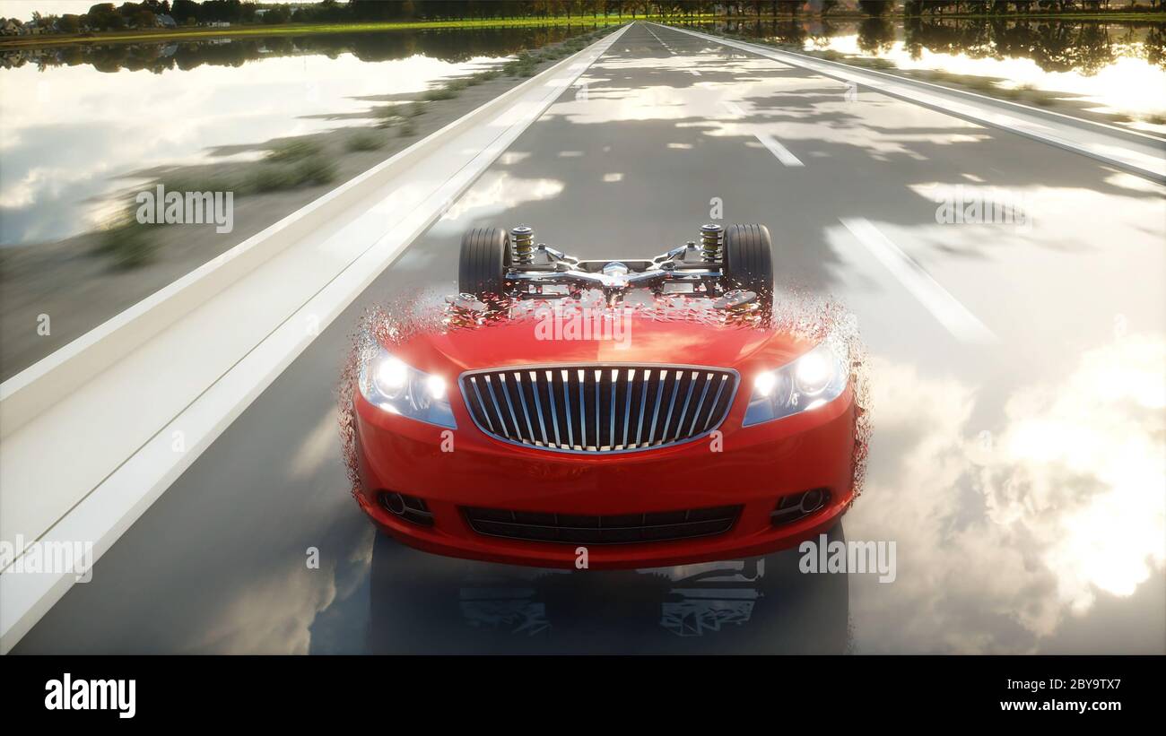 Red car chassis with engine on highway. Transition with particles. Very ...