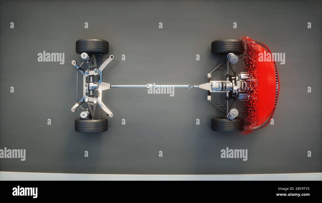 Red car chassis with engine on highway. Transition with particles. Very ...