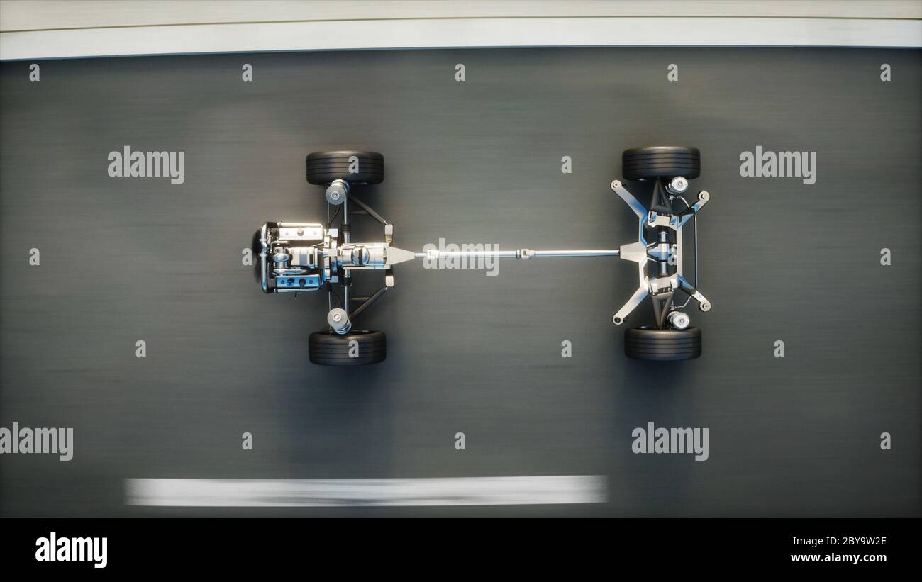 Car chassis with engine on highway. Very fast driving. Auto concept. 3d ...