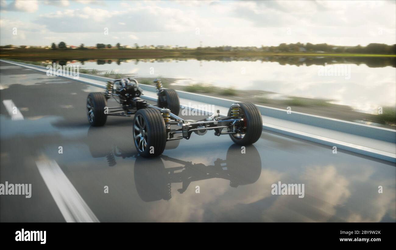 Car chassis with engine on highway. Very fast driving. Auto concept. 3d ...