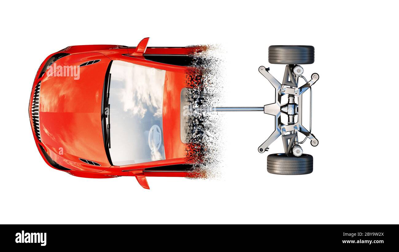 Red car isolate. Transition with particles. Auto concept. 3d rendering ...