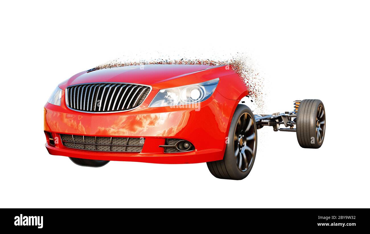 Red car isolate. Transition with particles. Auto concept. 3d rendering ...