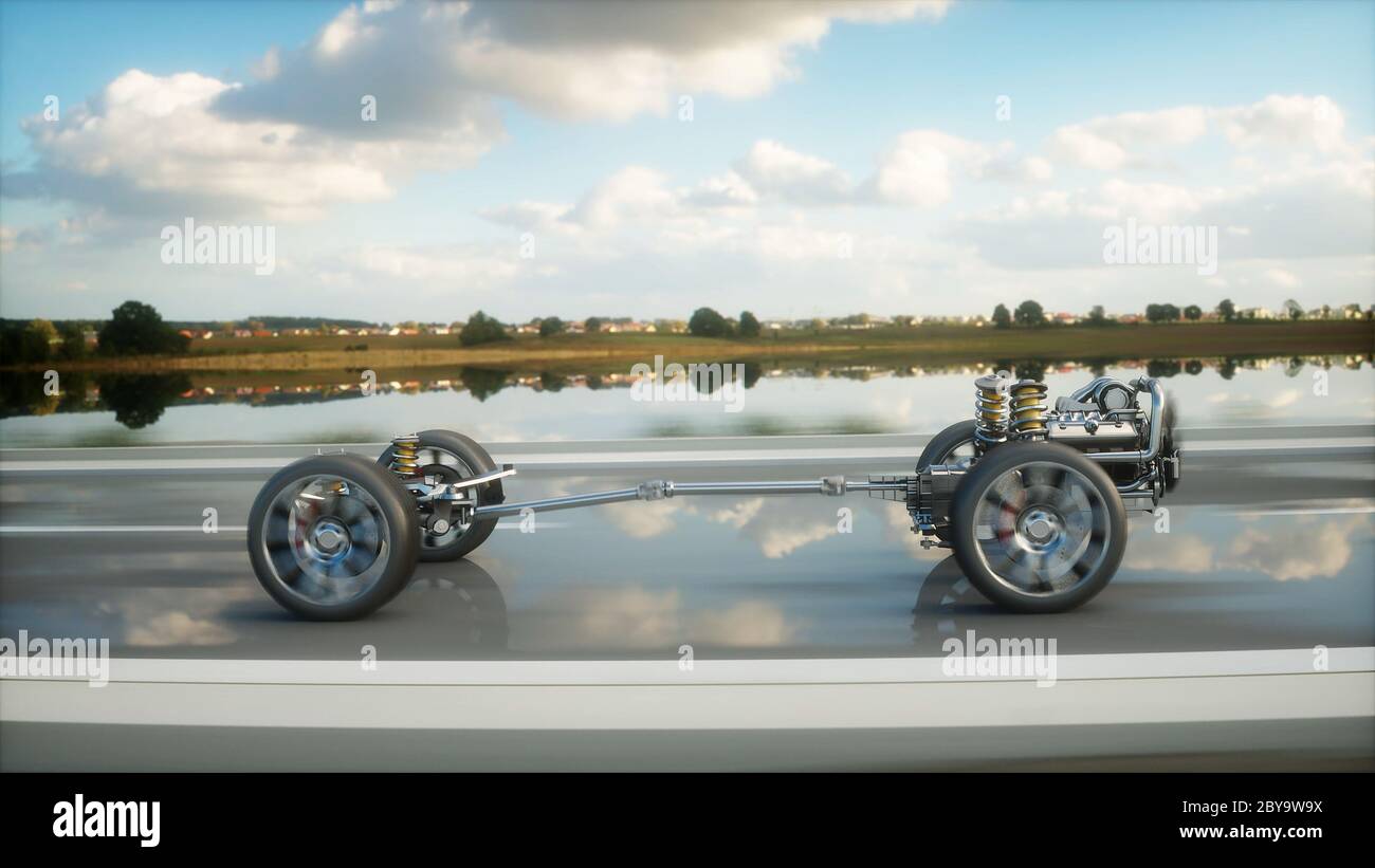 Car chassis with engine on highway. Very fast driving. Auto concept. 3d ...