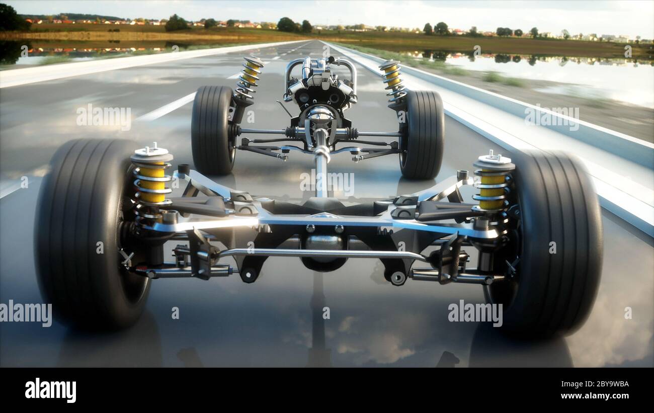 Car chassis with engine on highway. Very fast driving. Auto concept. 3d ...