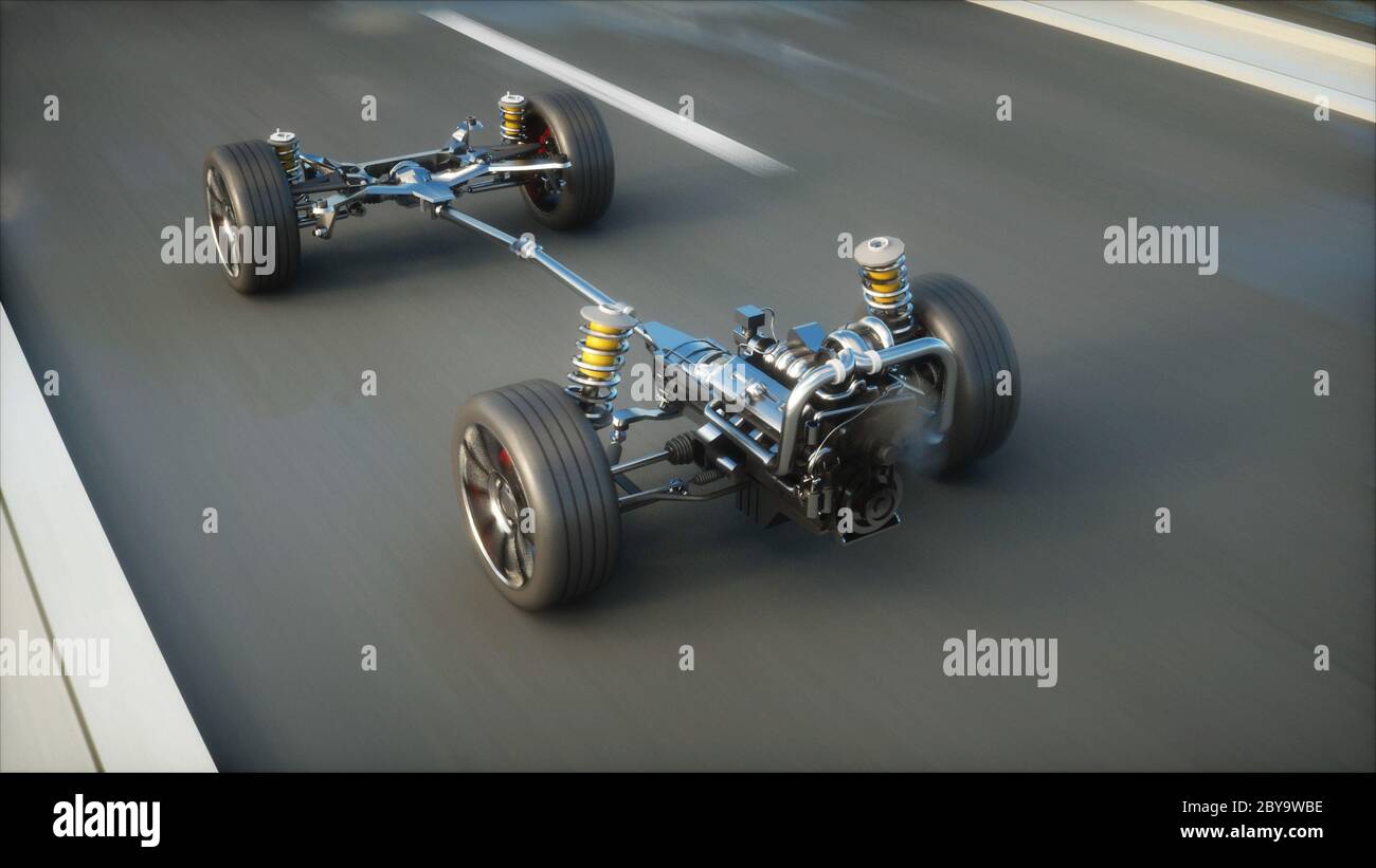 Car chassis with engine on highway. Very fast driving. Auto concept. 3d ...